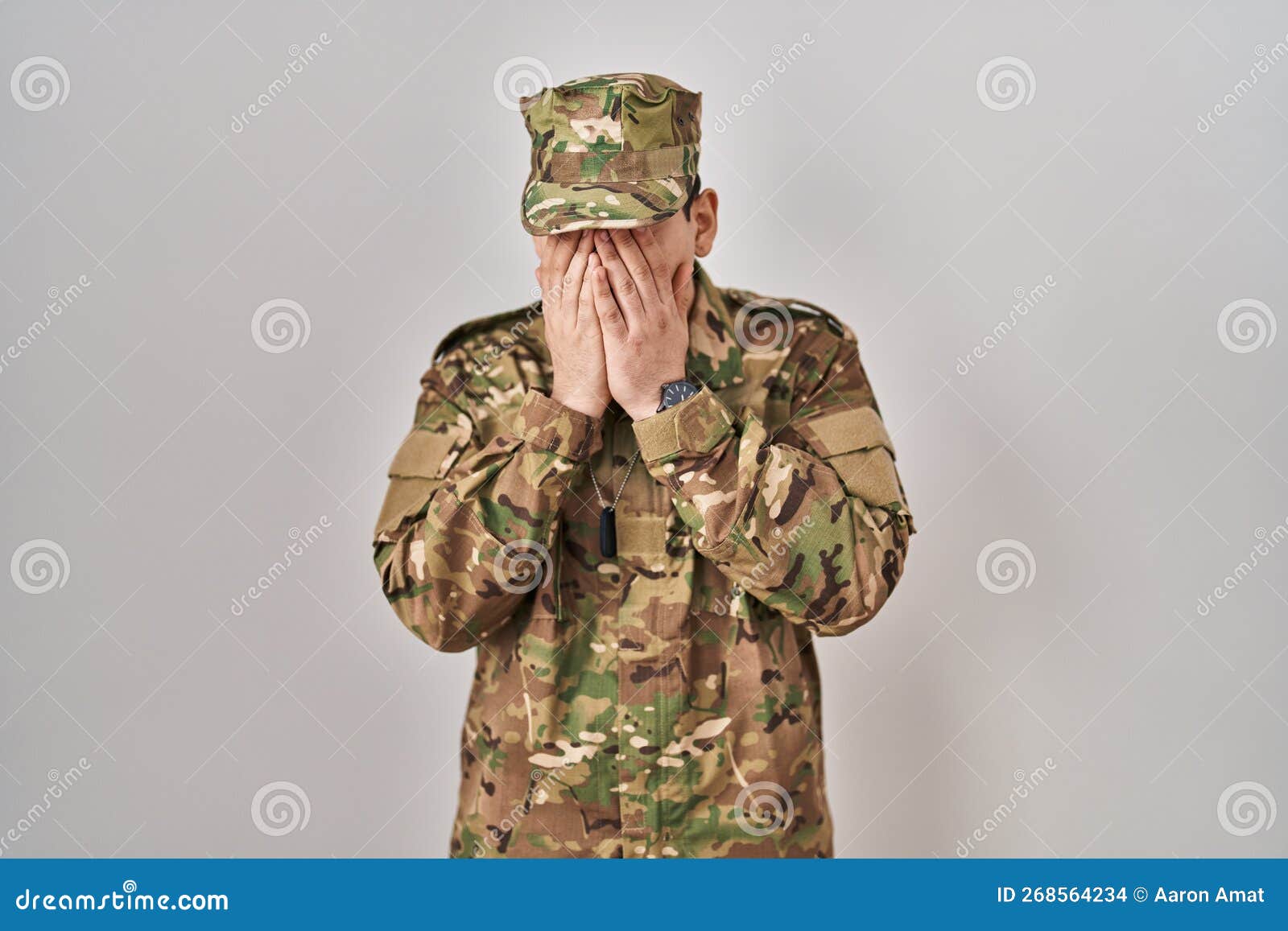 Young Arab Man Wearing Camouflage Army Uniform with Sad Expression ...