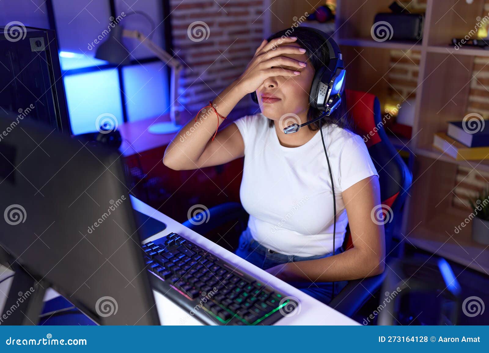 Young Arab Woman Streamer Stressed Using Computer at Gaming Room Stock ...