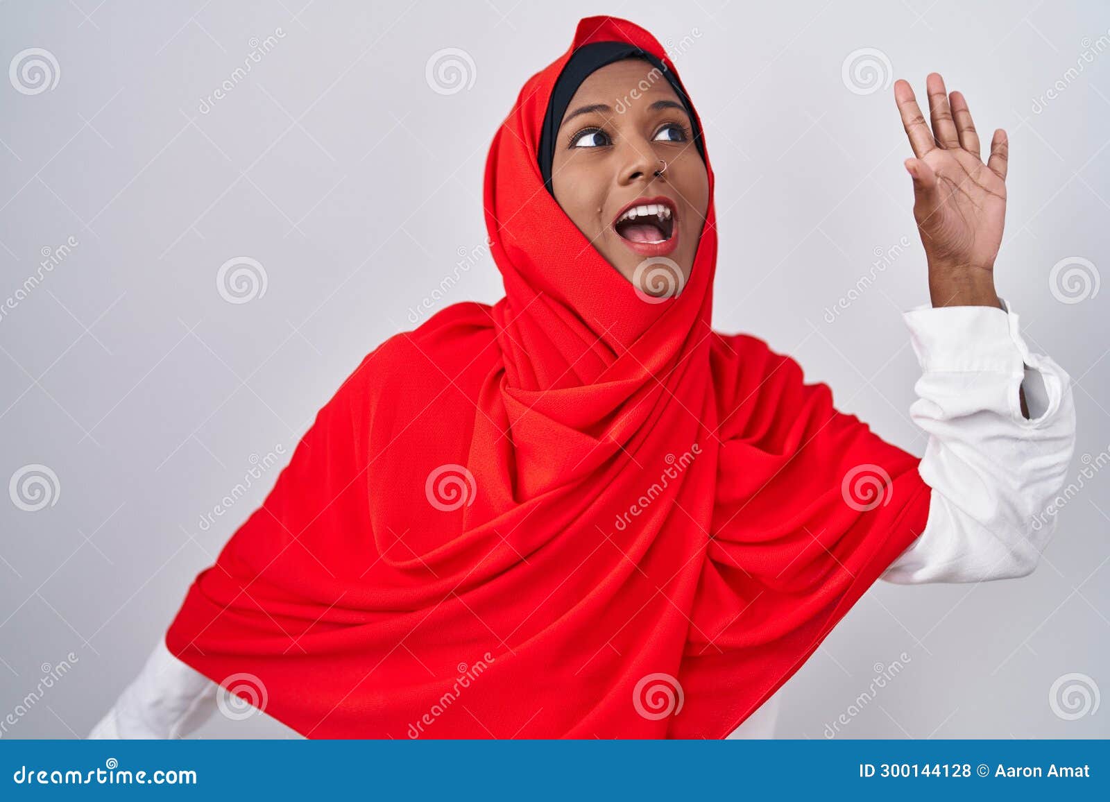 Young Arab Woman Wearing Traditional Islamic Hijab Scarf Dancing Happy
