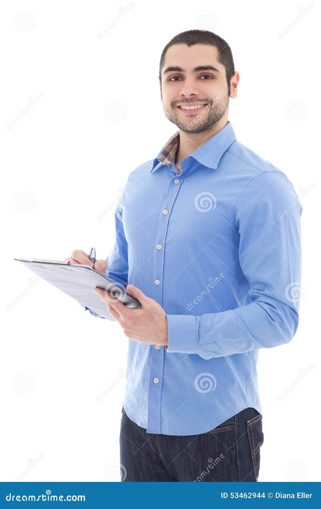 Young Arabic Man Writing Something on Clipboard Isolated on Whit Stock ...
