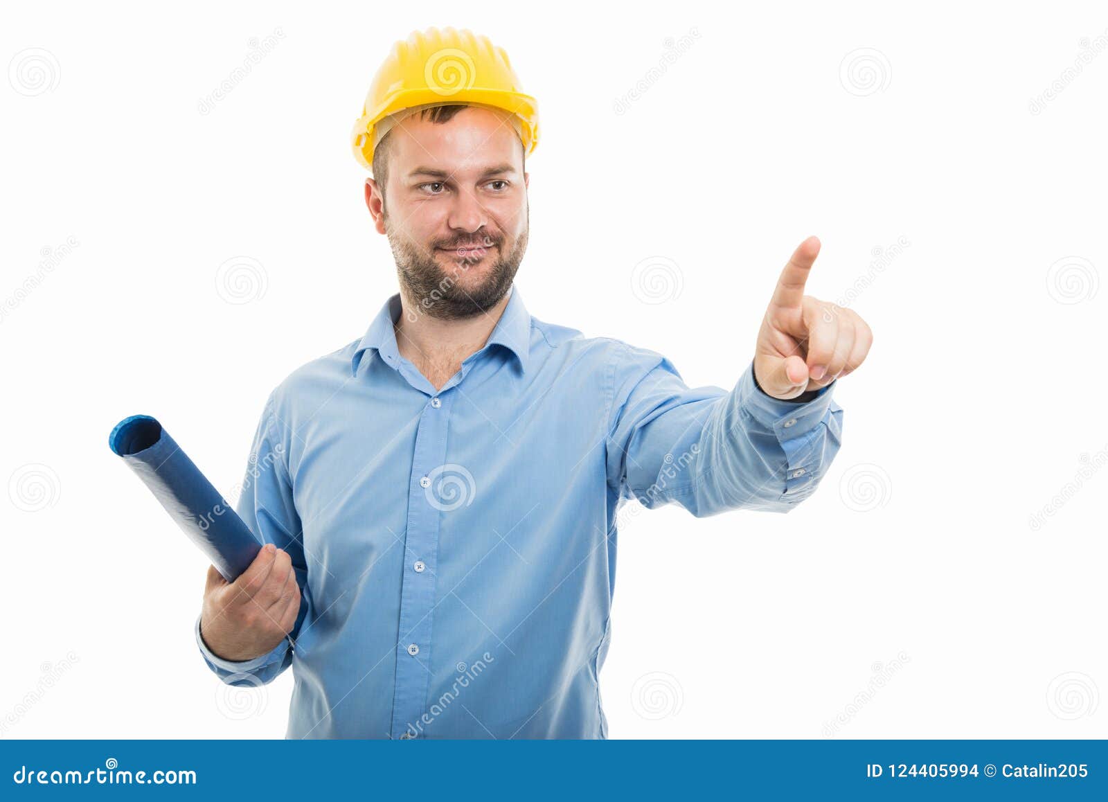 Young Architect Holding Blueprints and Using Invisible Touchscreen ... Young Architect Holding Blueprints and Using Invisible Touchscreen ...
