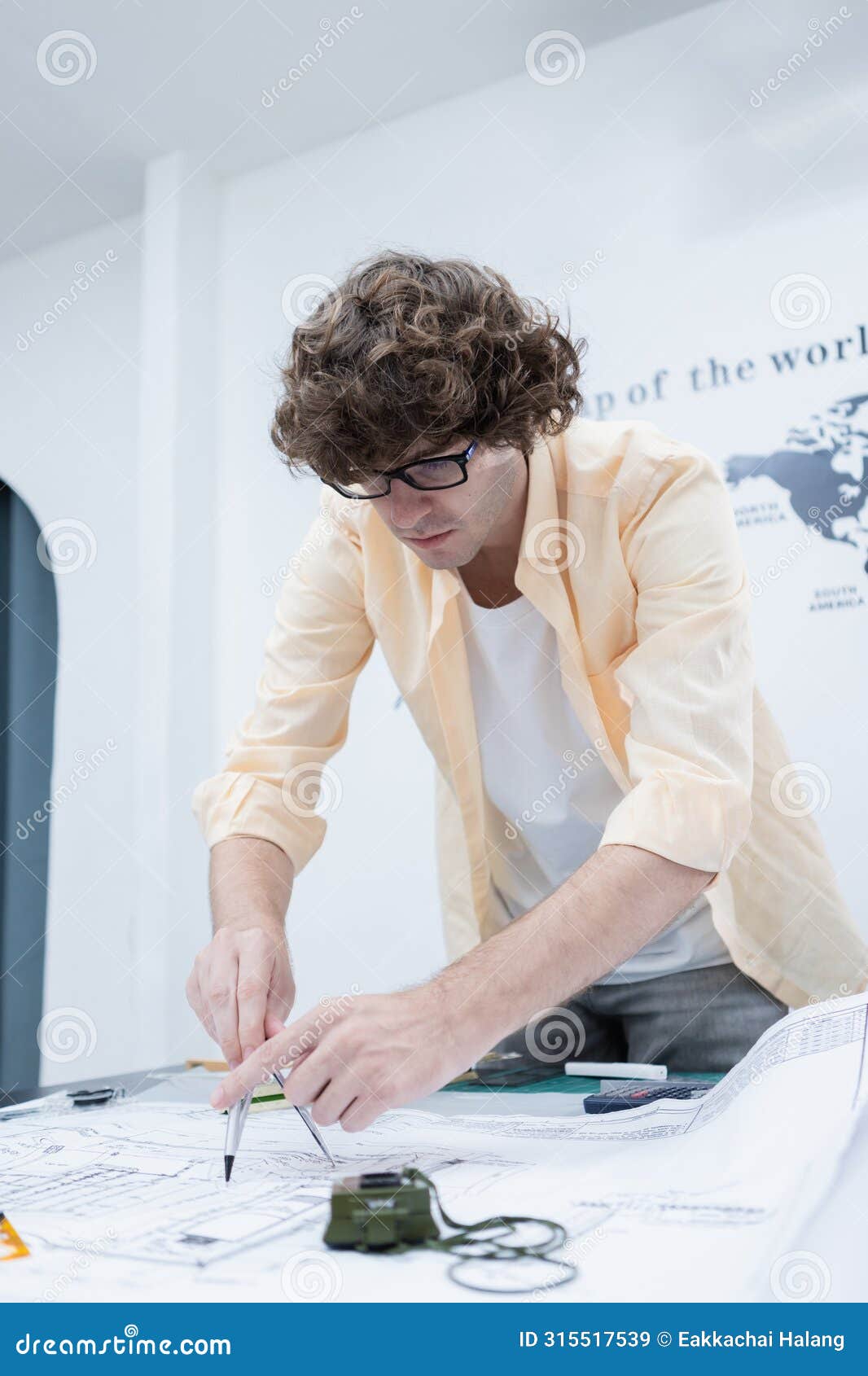 Young Architect Man Working Using Compasses Geometric Drawing House ...