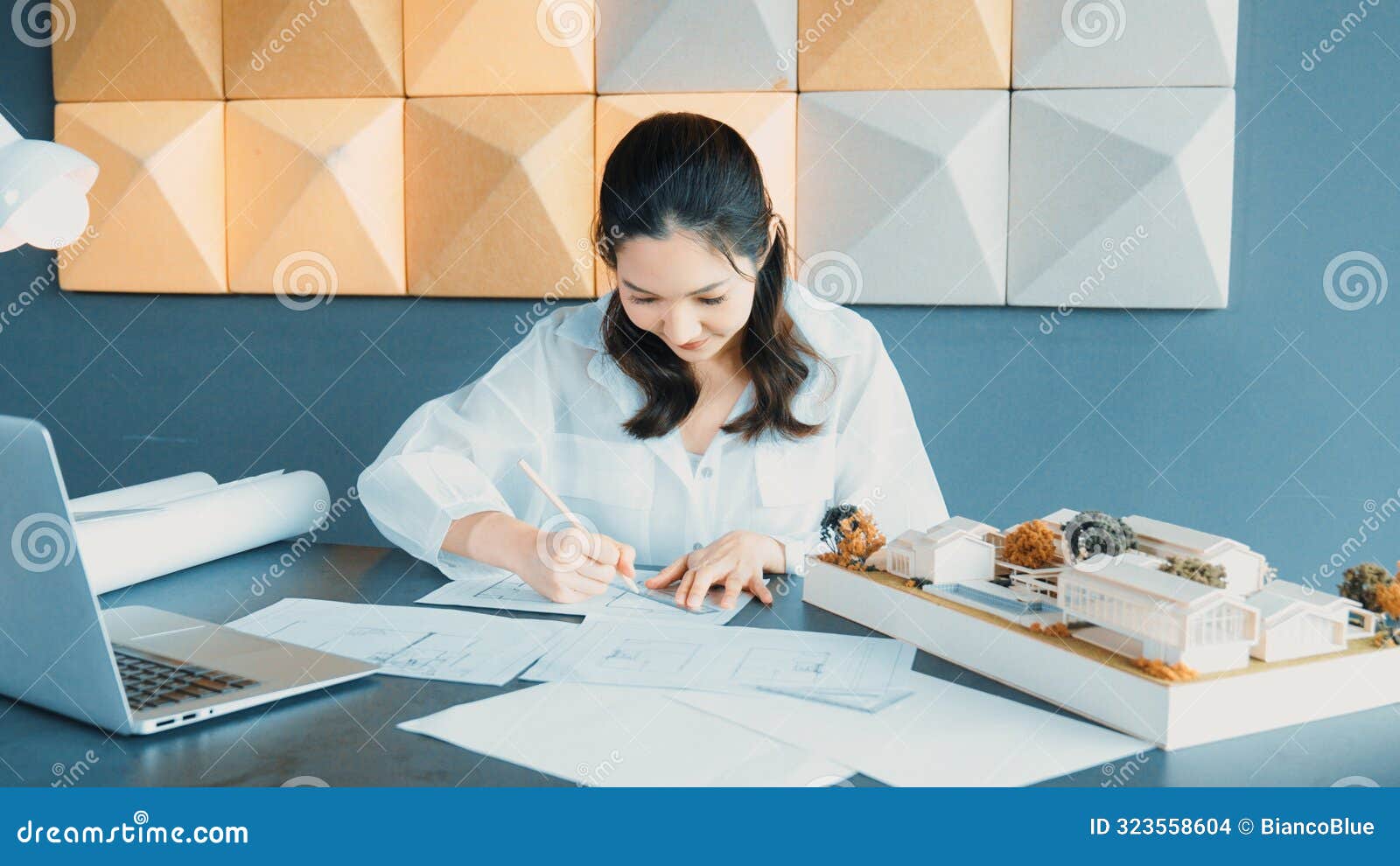 Young Architect Measure House Model while Taking a Note Blueprint ...
