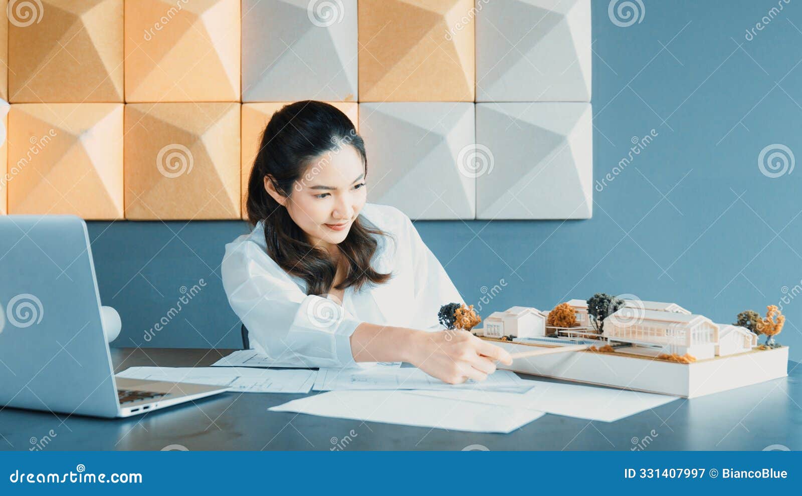 Young Architect Measure House Model while Taking a Note Blueprint ...