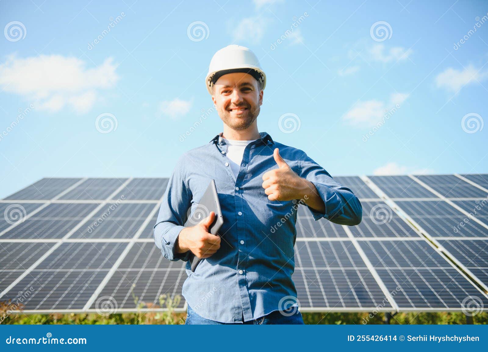 Young Architect Standing by Solar Panels Stock Photo - Image of station ...