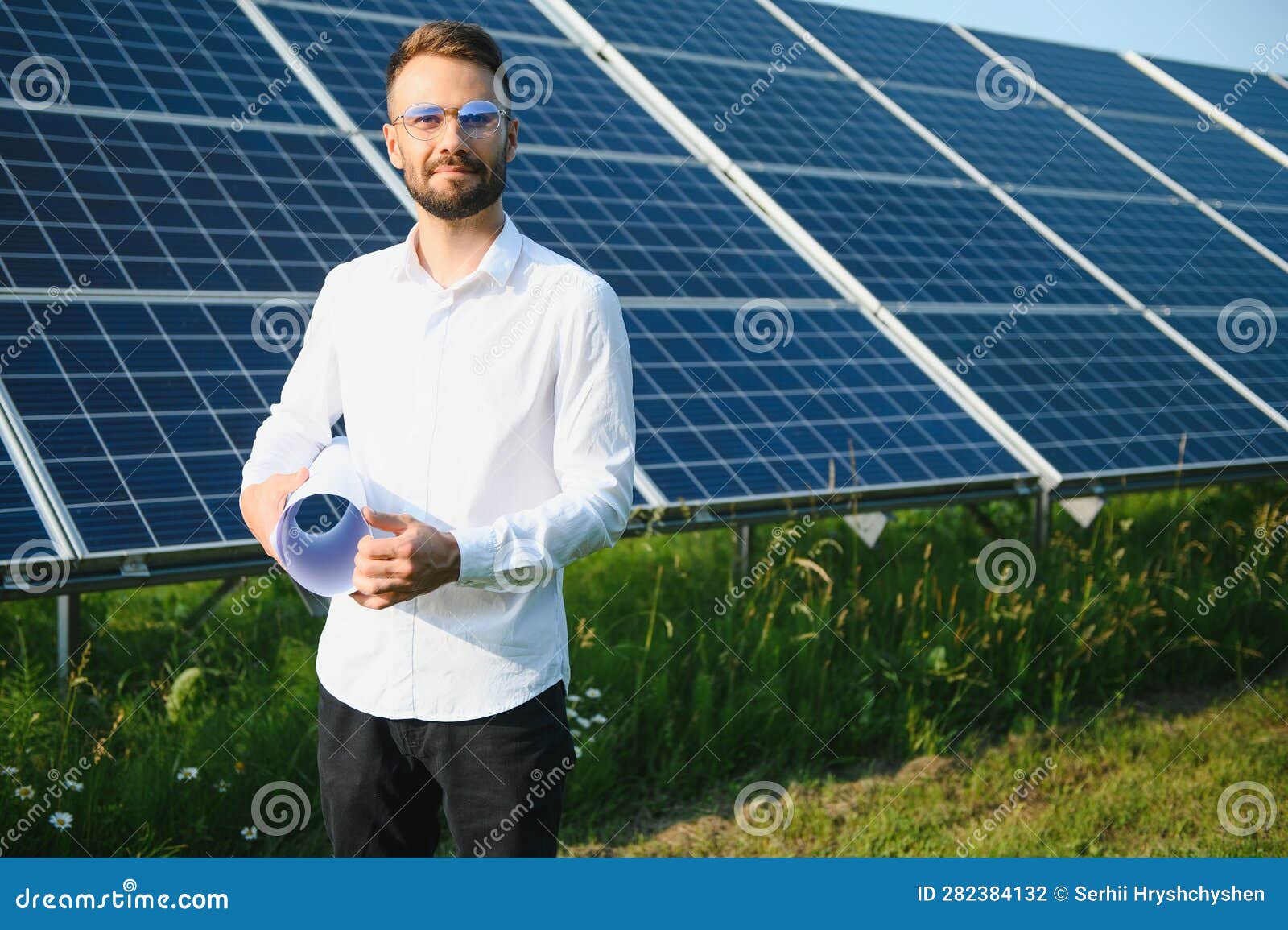 Young Architect Standing by Solar Panels Stock Photo - Image of ...