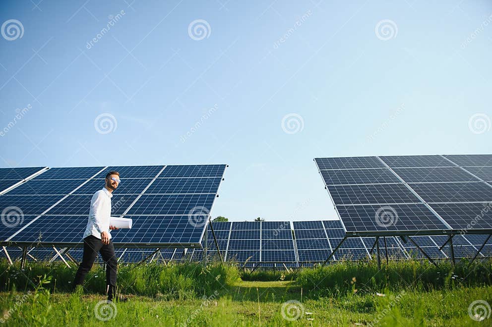 Young Architect Standing by Solar Panels Stock Photo - Image of green ...