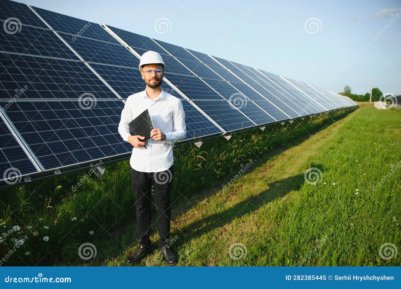 Young Architect Standing by Solar Panels Stock Image - Image of power ...