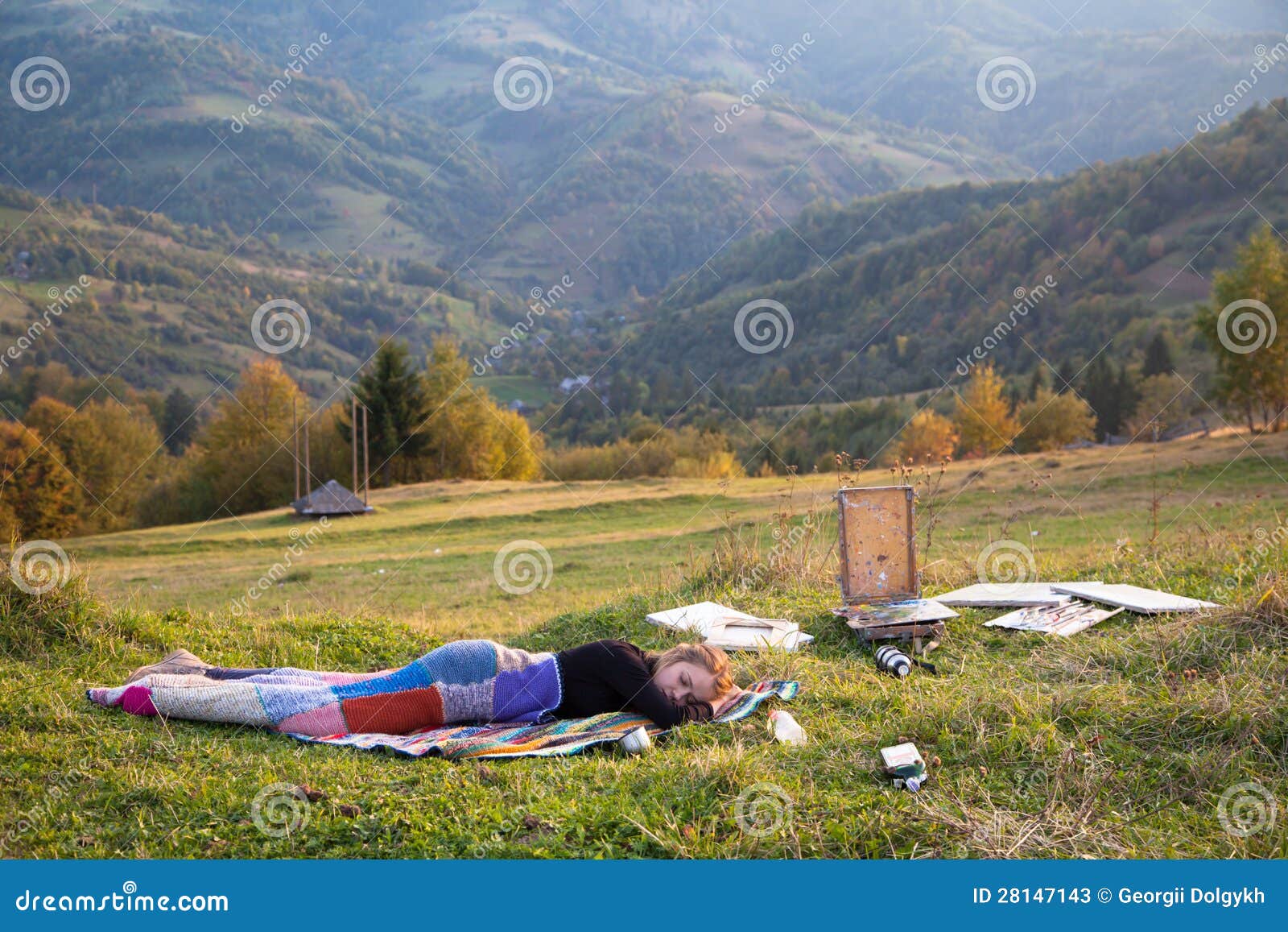 Young Artist Sleeping in a Meadow Stock Image - Image of mountain ...