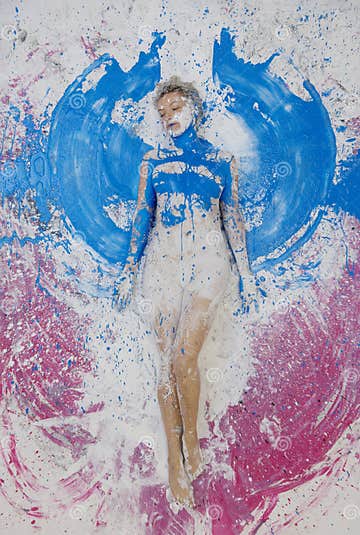 Young Artistic Woman in Blue, Pink, White Paint, Painted Hip Belly and ... Young Artistic Woman in Blue, Pink, White Paint, Painted Hip Belly and ...