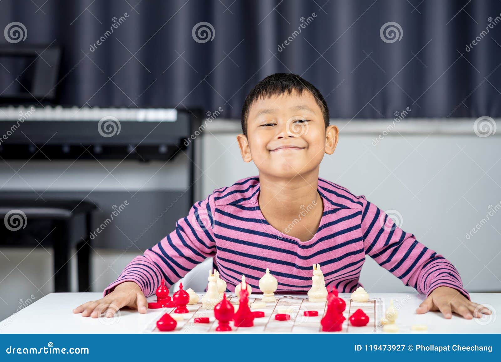 Young Asian Boy Playing Chess in the Room Stock Image - Image of white ...