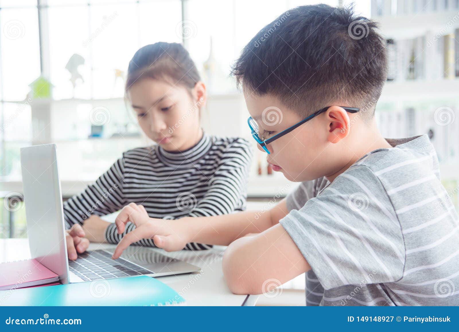 Children Using Notebook Computer at School Library,education Concept ...