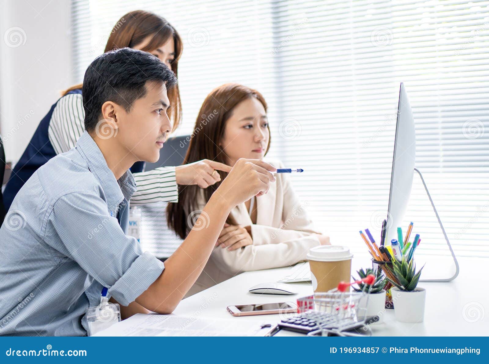 Asian Colleague Friendship At Work With Smiling Face. Happiness Two ...