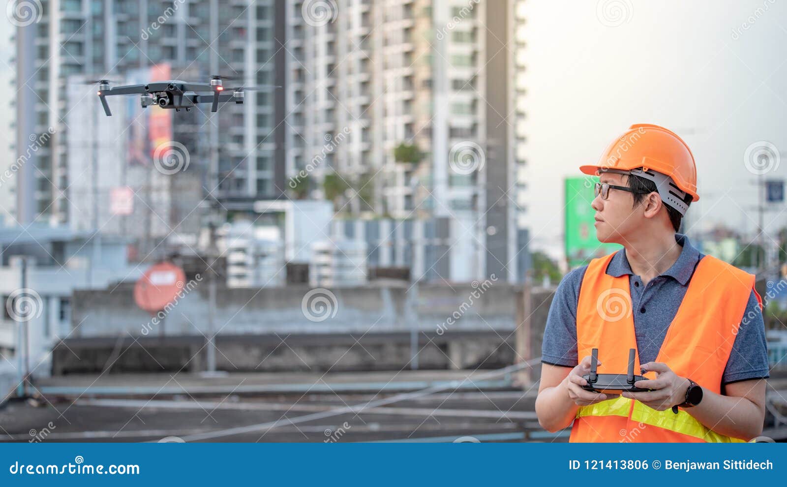 Young Asian Engineer Man Flying Drone Over Construction Site Stock ...