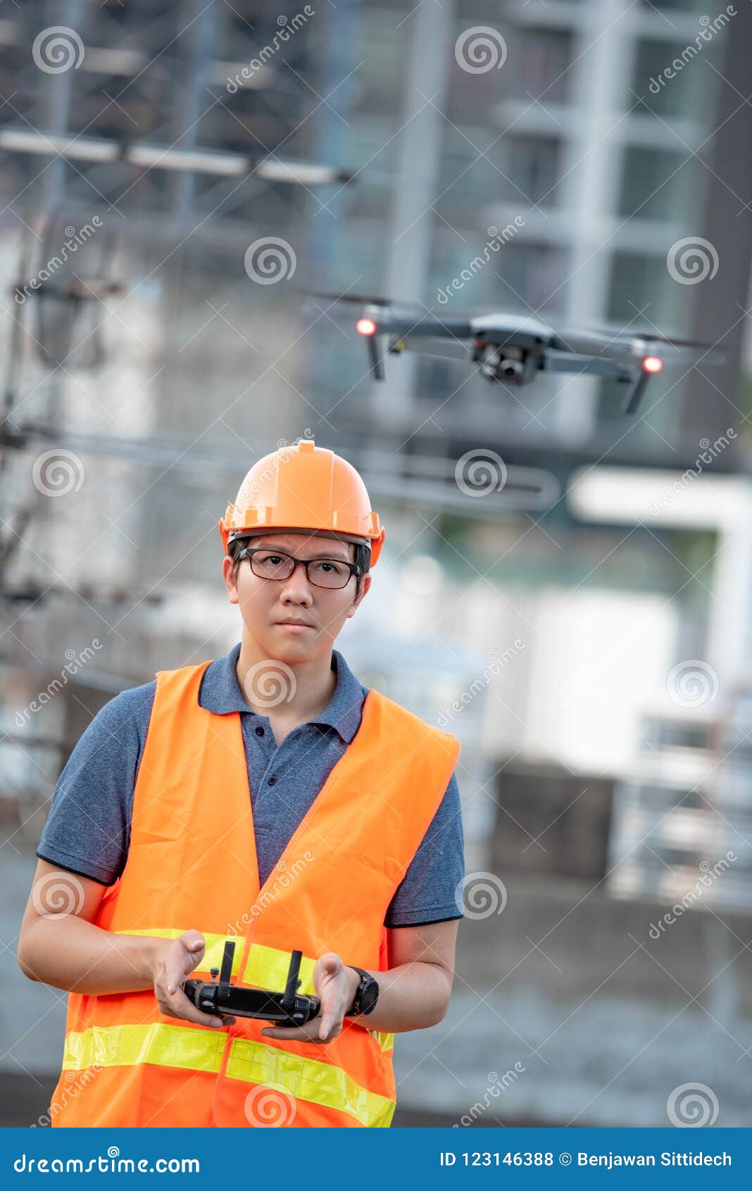 Young Asian Engineer Man Flying Drone Over Construction Site Stock ...