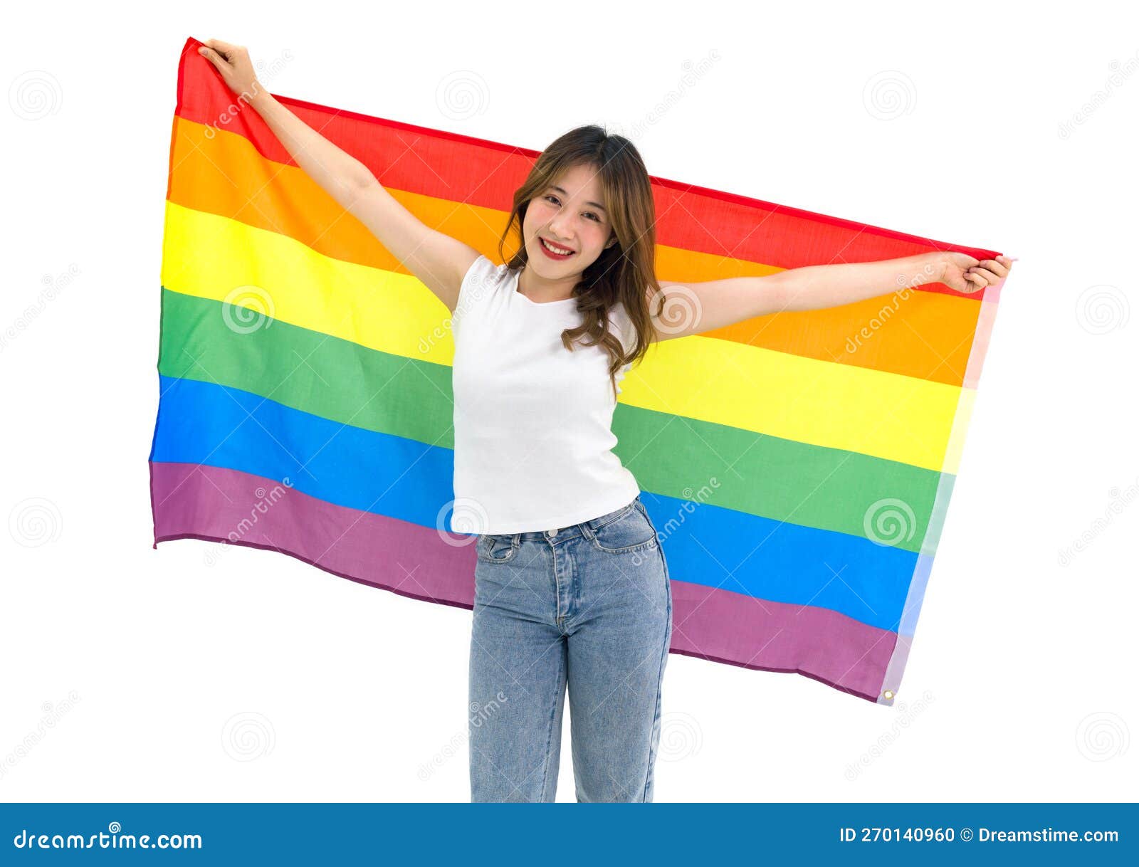 Young Asian Female Lgbtq Stand Smiling Holding Big Rainbow Gay Pride