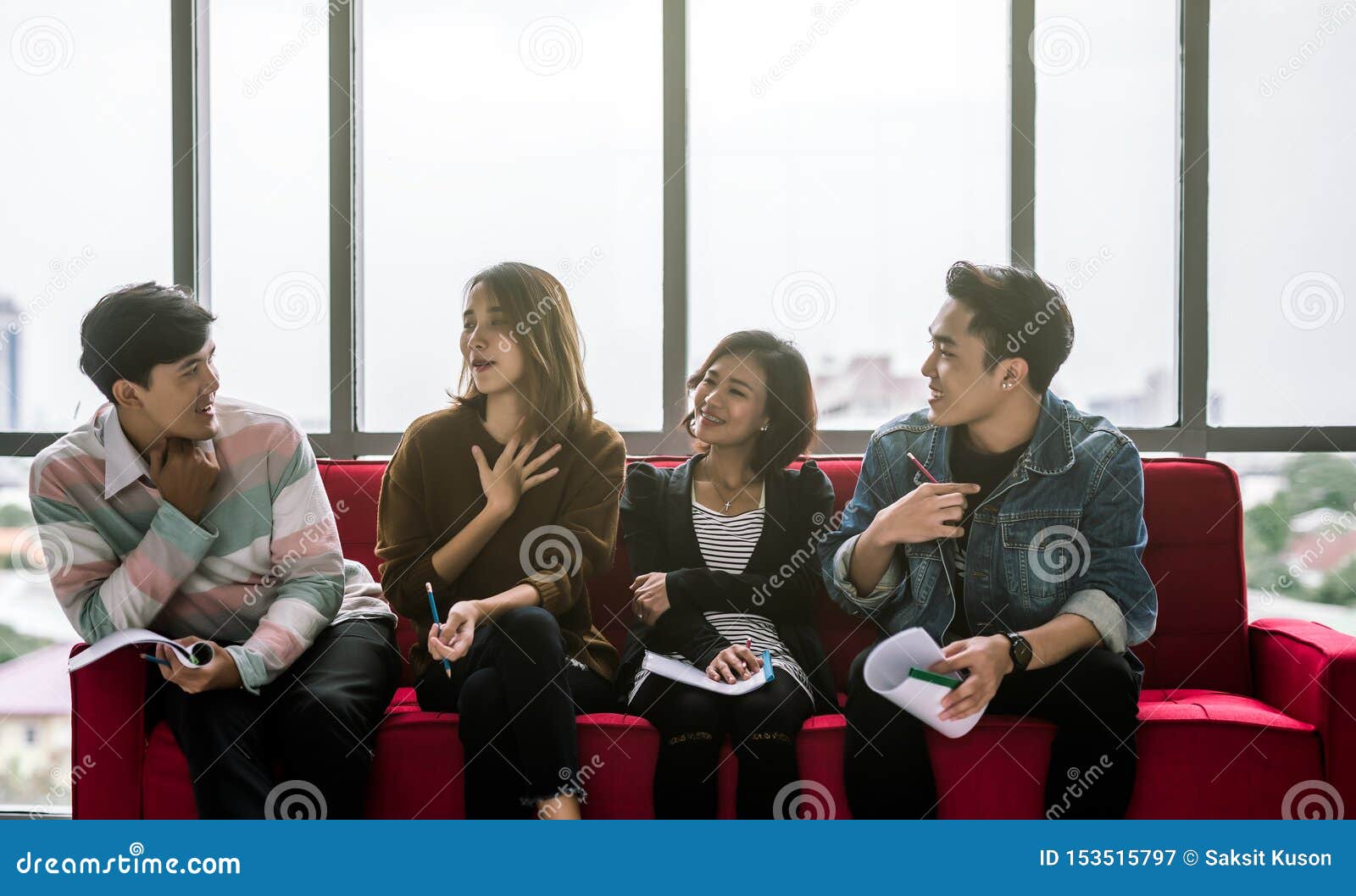 Young Asian Friends Group Talking in Office. Stock Image - Image of ...