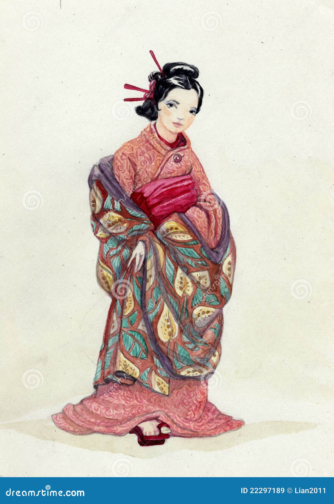 Young Asian Girl Dressing Kimono Stock Illustration - Illustration of ...
