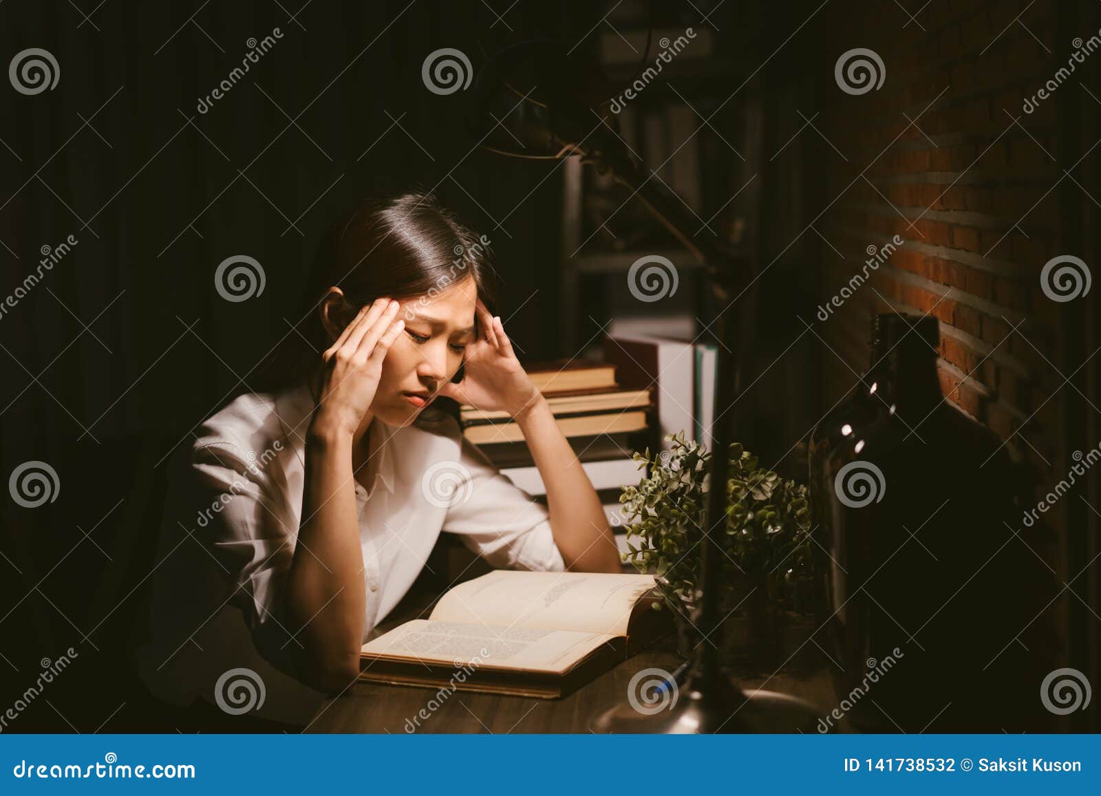 Young Asian Girl Stressed by the Study. Stock Photo - Image of homework ...