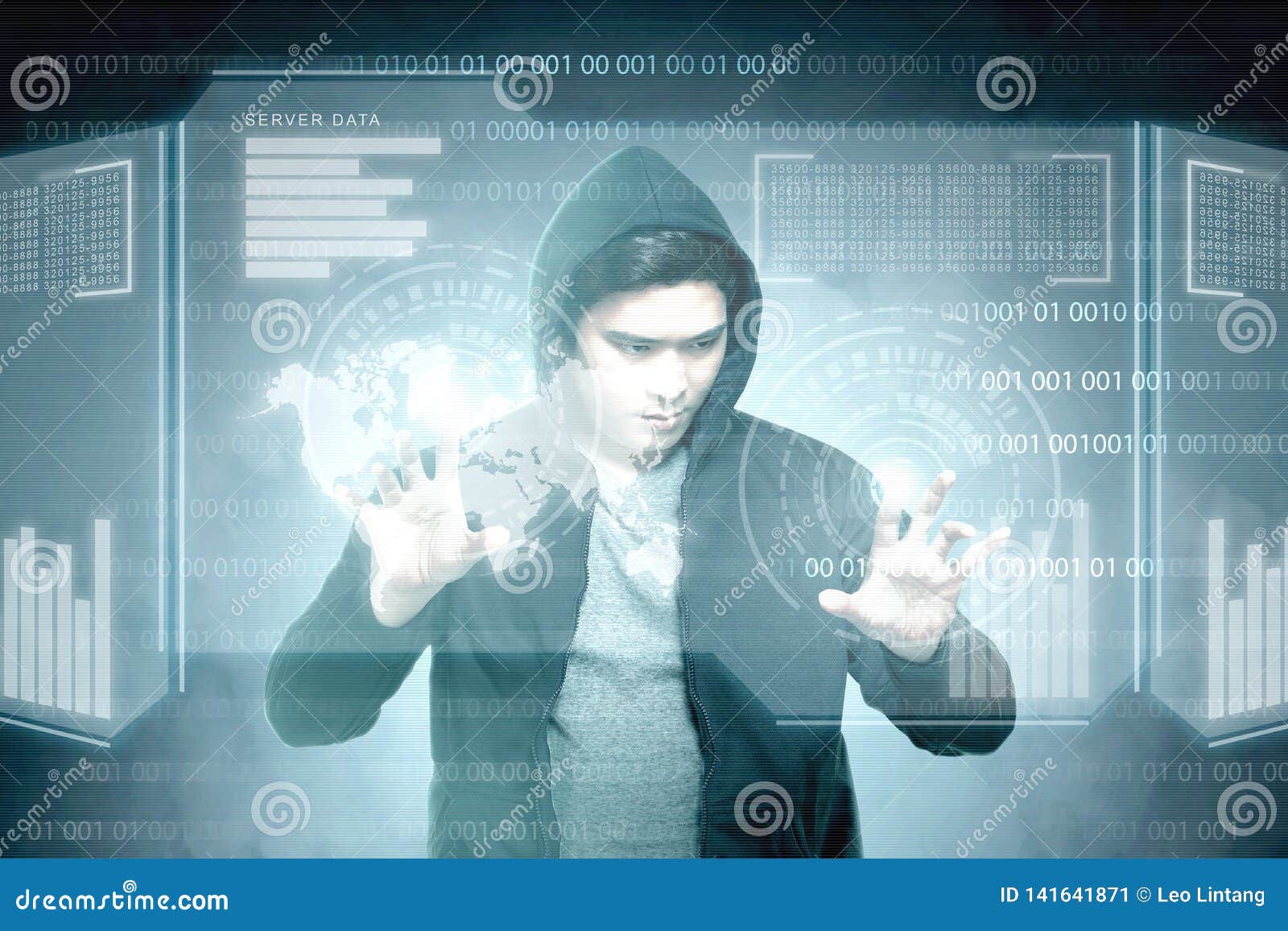 Young Asian Hacker In Black Hoodie Touching Virtual Screen Stock Image ...