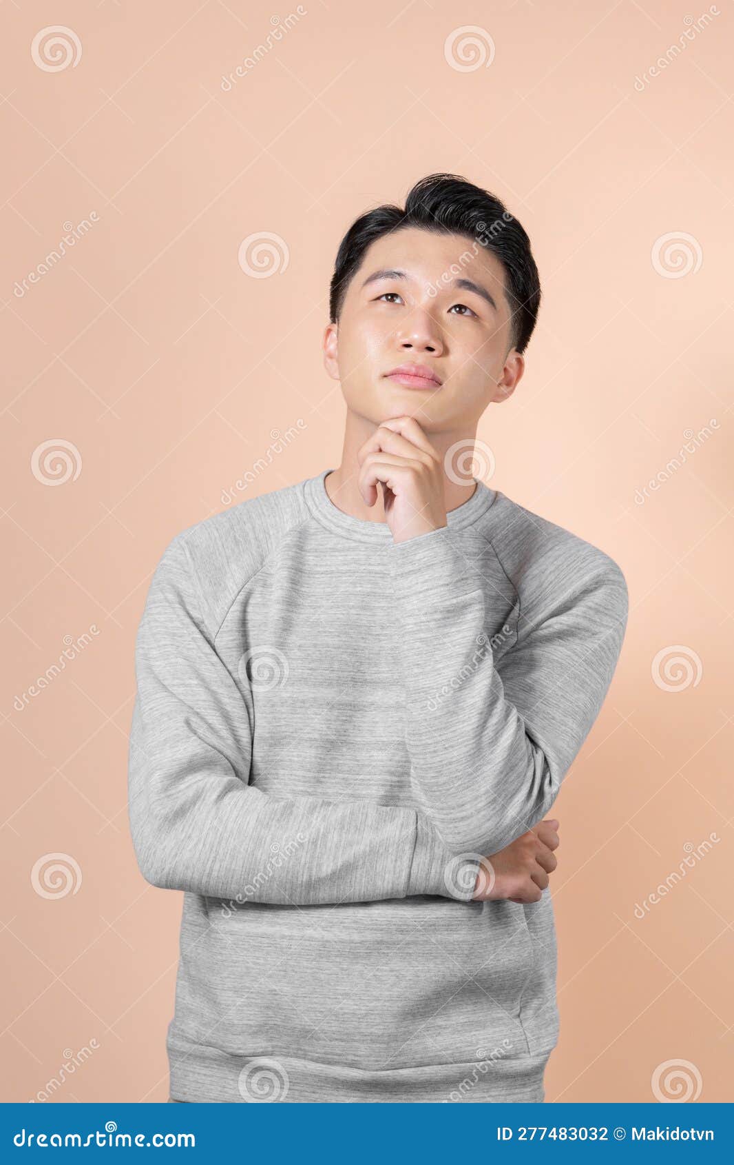 Young Asian Man with Hand on Chin Thinking about Question, Pensive ...