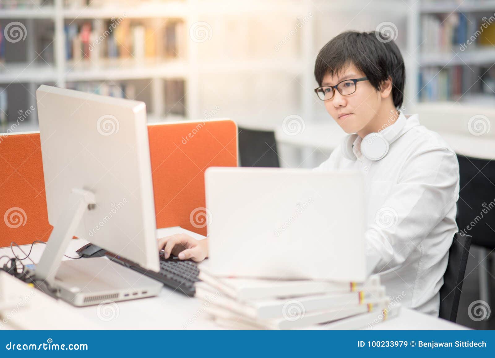 Young Asian Man University Student Using Computer Stock Image - Image ...