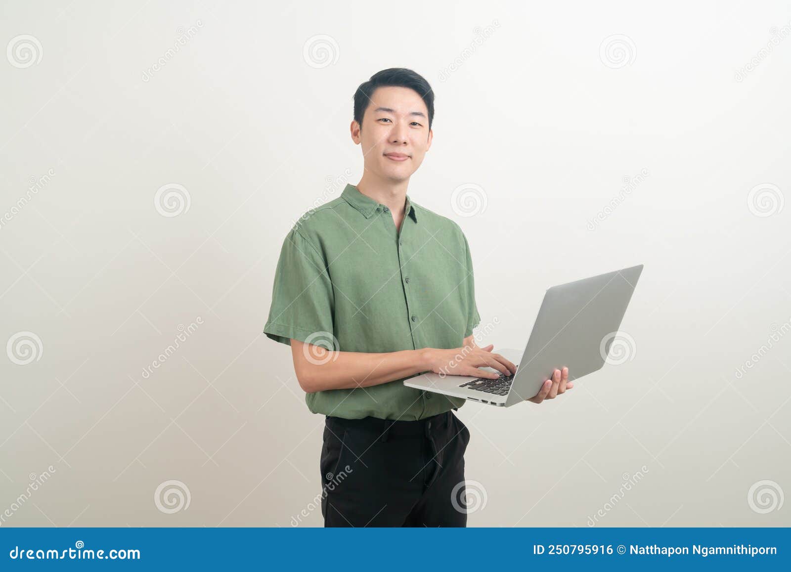 Young Asian Man Using Laptop on Hand Stock Photo - Image of happy ...
