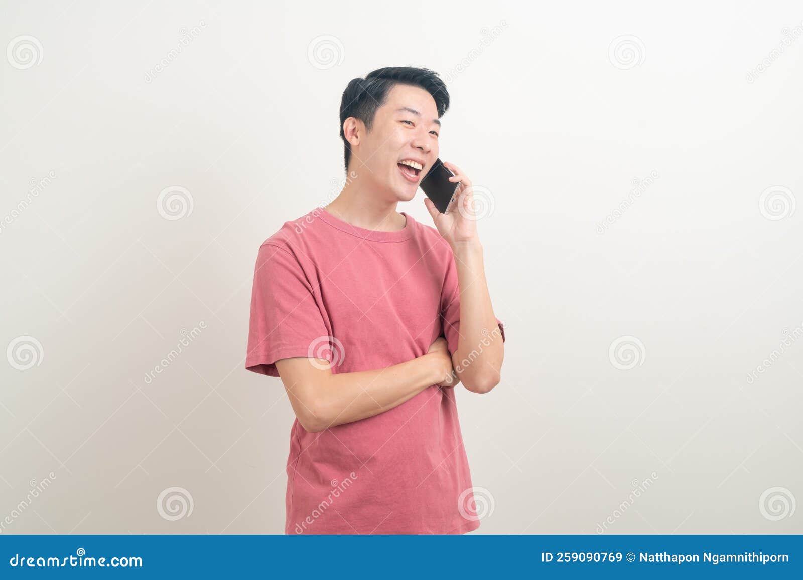 Young Asian Man Using or Talking Smartphone and Mobile Phone with Happy ...