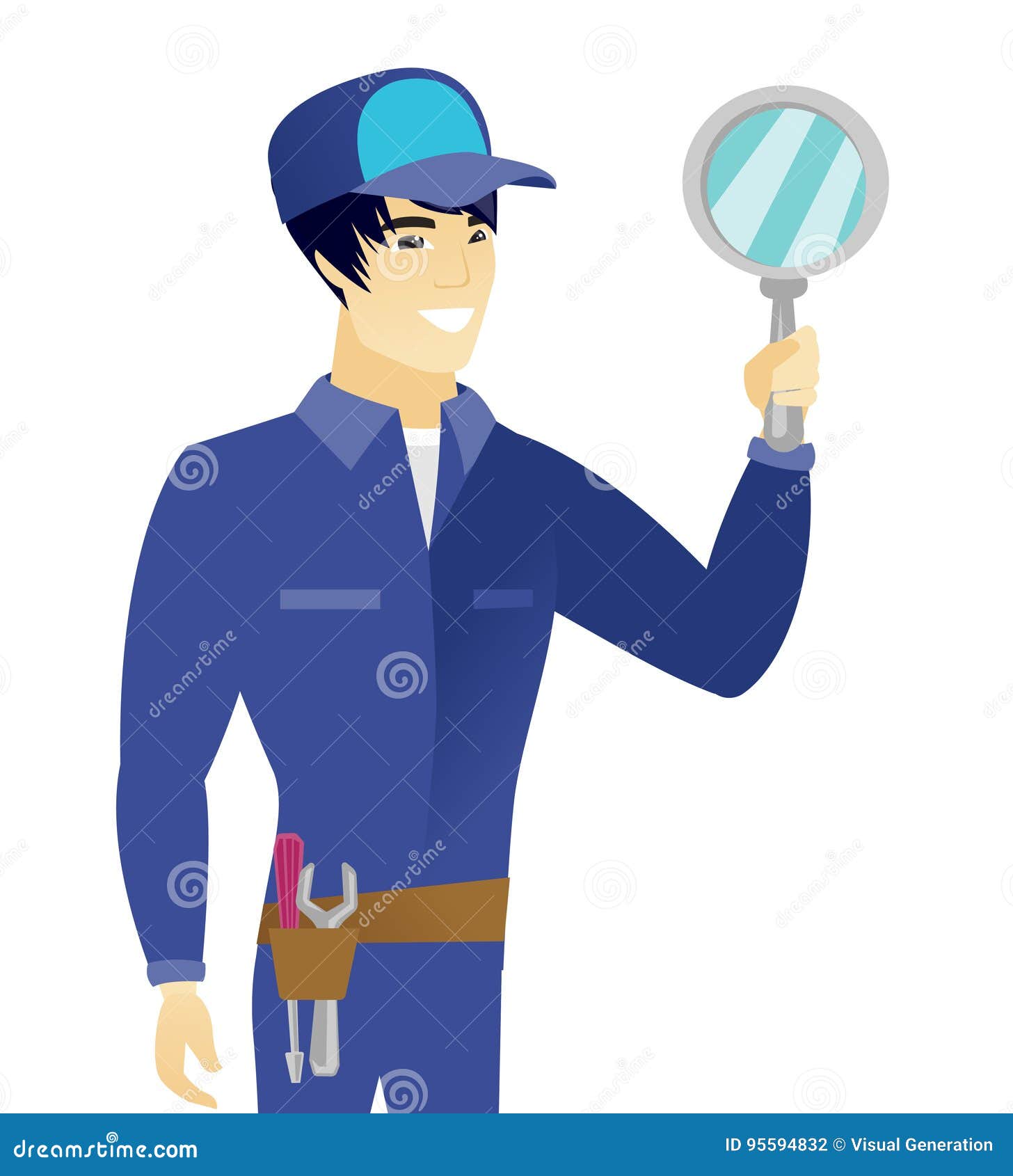 Young Asian Mechanic Holding Hand Mirror. Stock Vector - Illustration ...