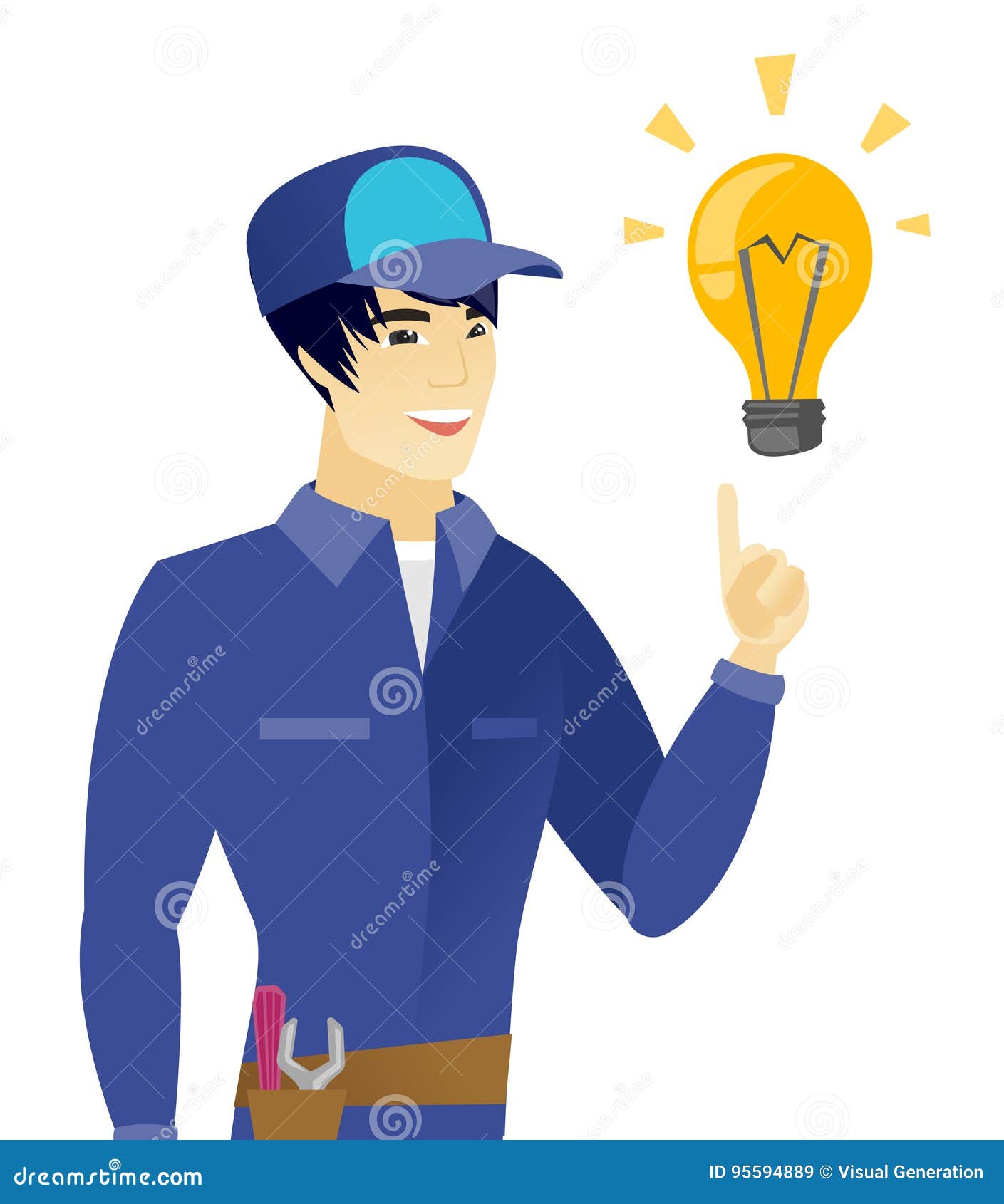 Young Asian Mechanic Pointing at Idea Light Bulb. Stock Vector ...