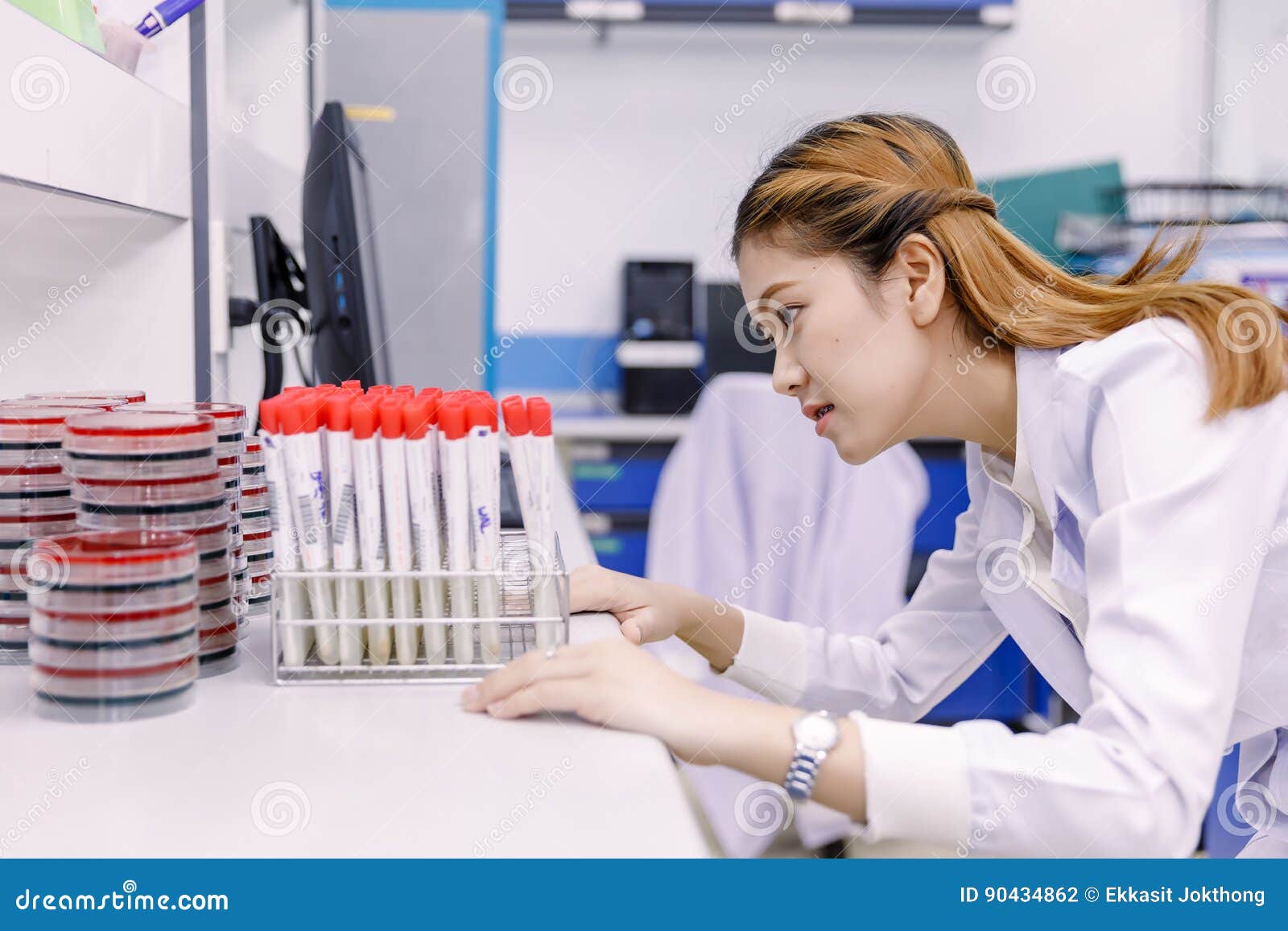 Young Asian Researcher Looking at the Flask in the Science Labor Stock ...