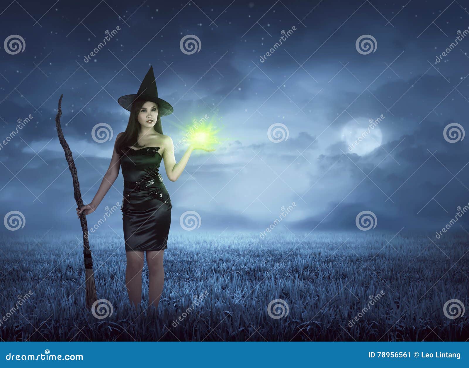 Young Asian Witch with Broom and Magic Spell Stock Image - Image of ...