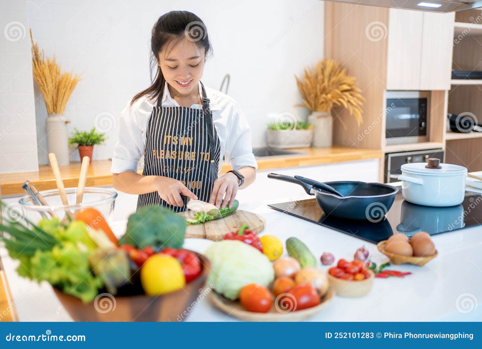 Young Asian Woman Cooking in the Kitchen Stock Image - Image of dinner ...