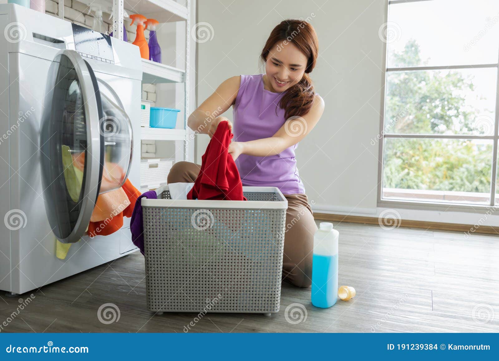 Young Asian Woman Loading the Laundry Stock Photo - Image of happy ...