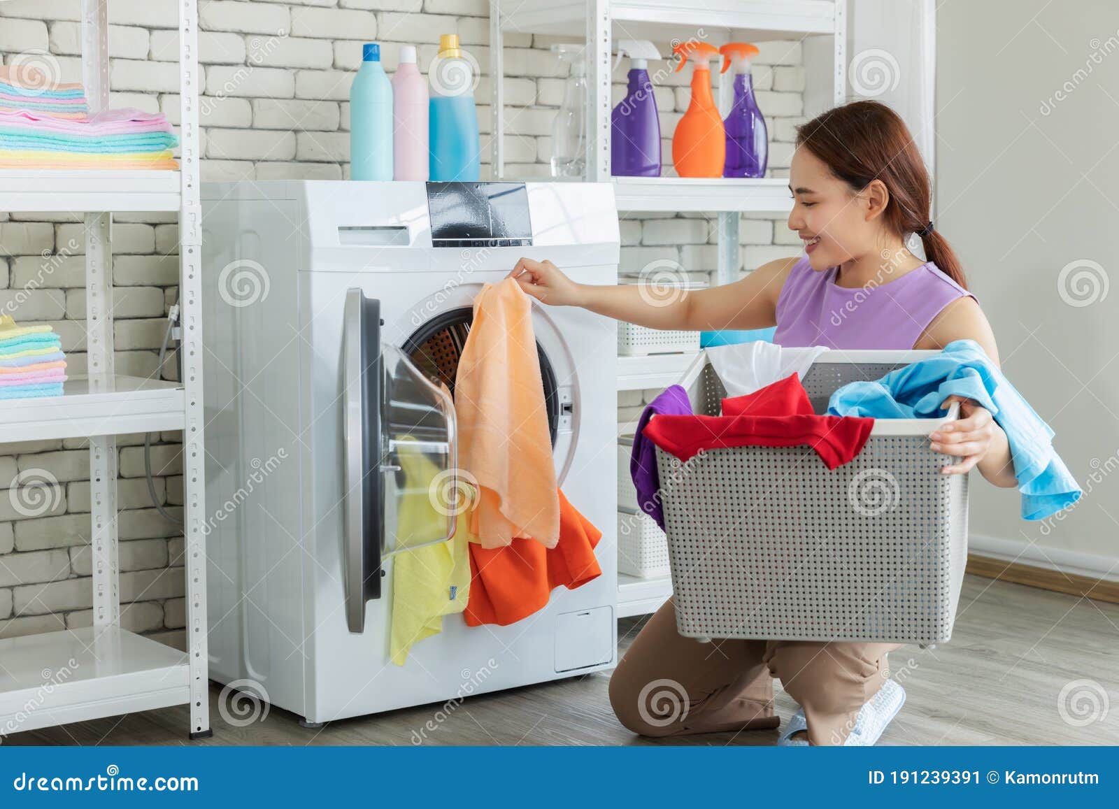 Young Asian Woman Loading the Laundry Stock Image - Image of chore ...