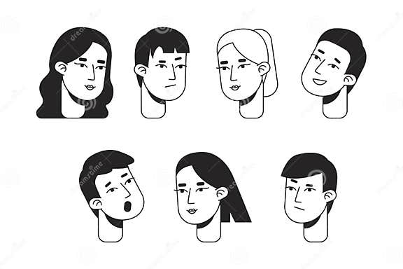 Young Asian Woman And Man Monochrome Flat Linear Character Heads Bundle