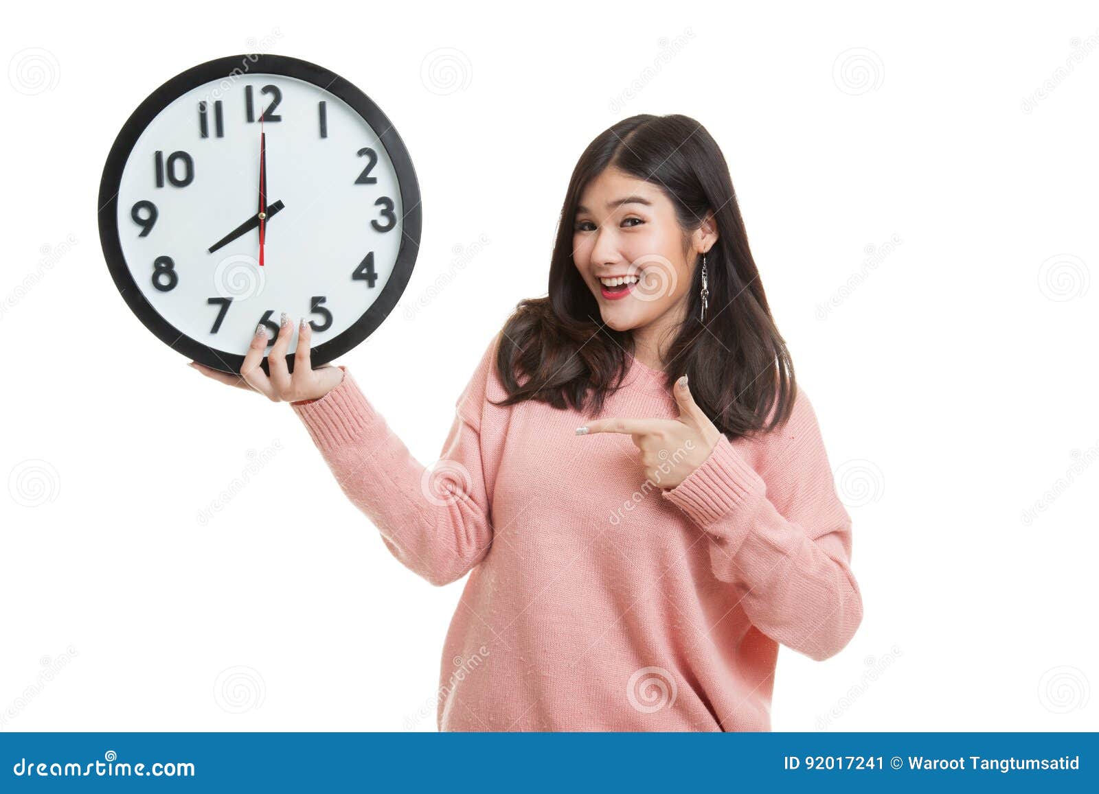 Young Asian Woman Point To a Clock. Stock Image - Image of sign, white ...