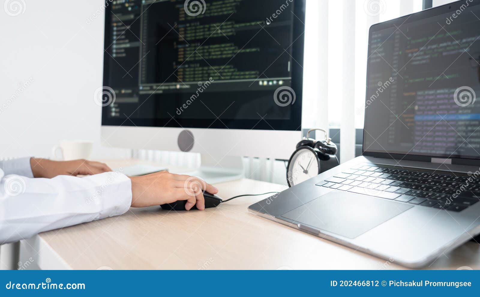 Young Asian Woman Programmer Typing Code Working with Computer at Table ...