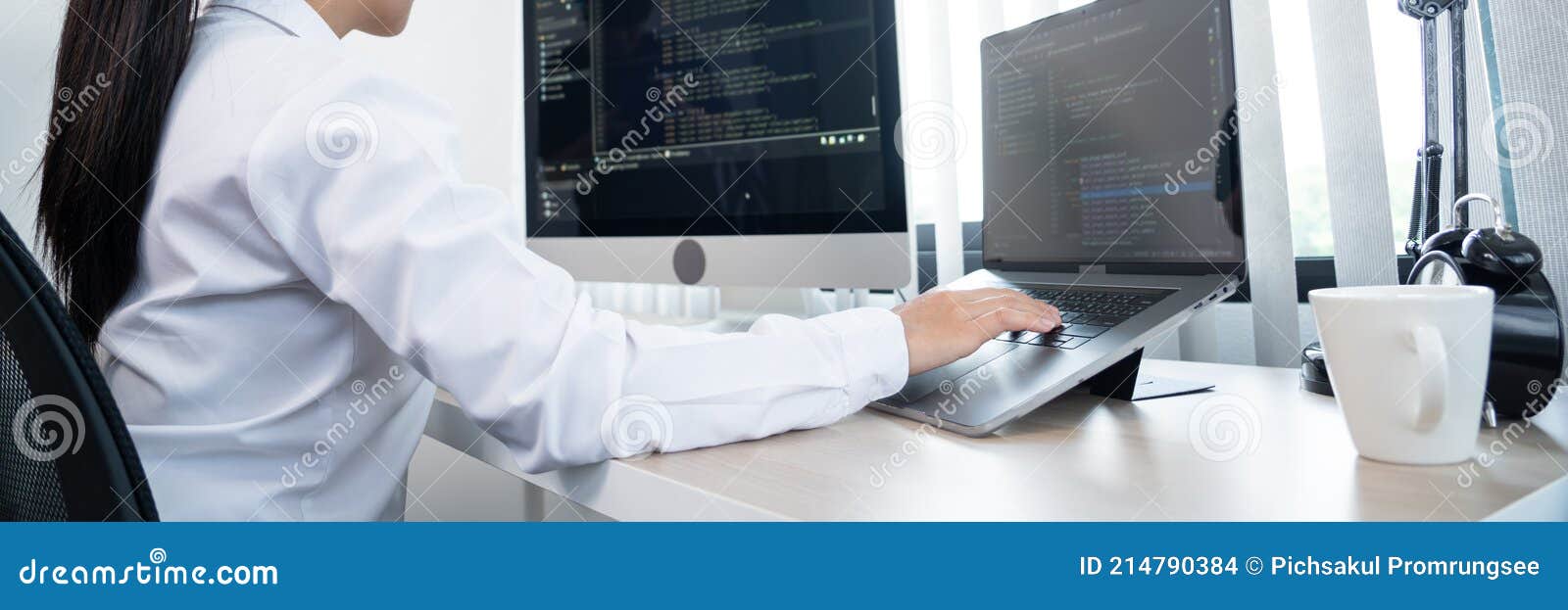 Young Asian Woman Programmer Typing Code Working With Computer At Table Coding Cyberspace And