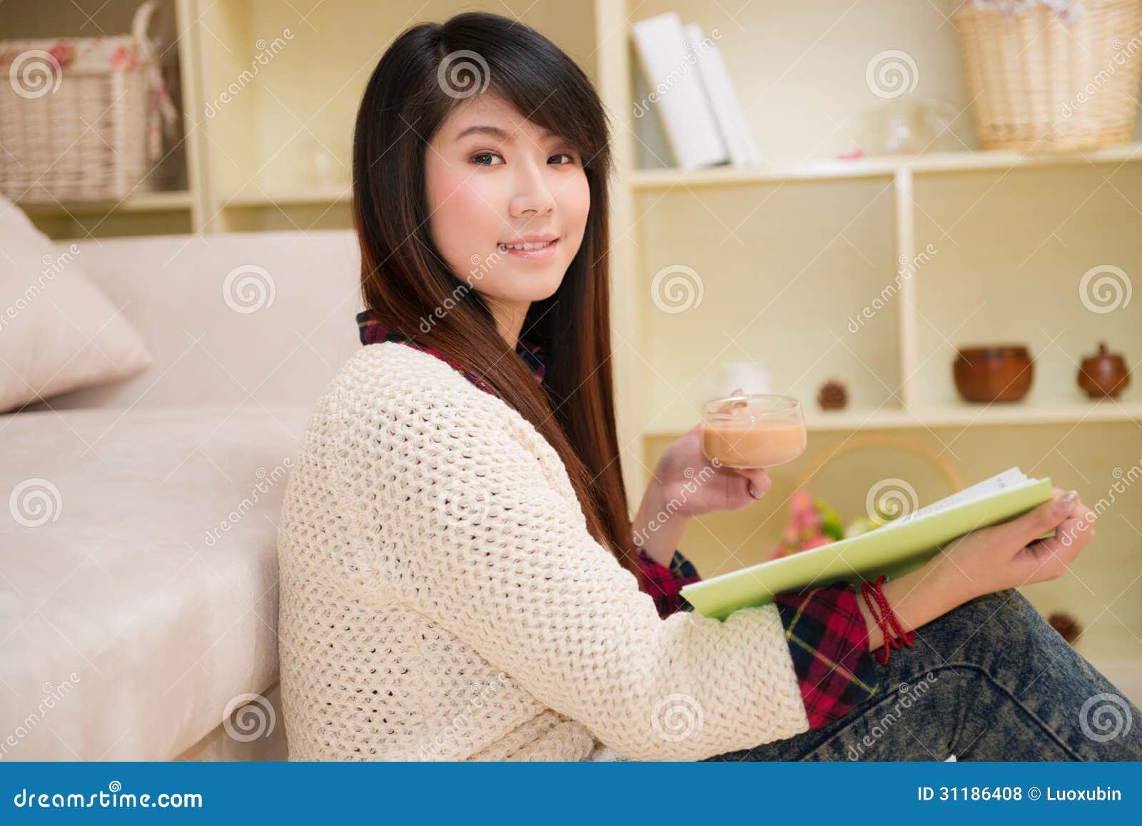 Young Asian Woman Reading Book Stock Photo - Image of girl, drink: 31186408