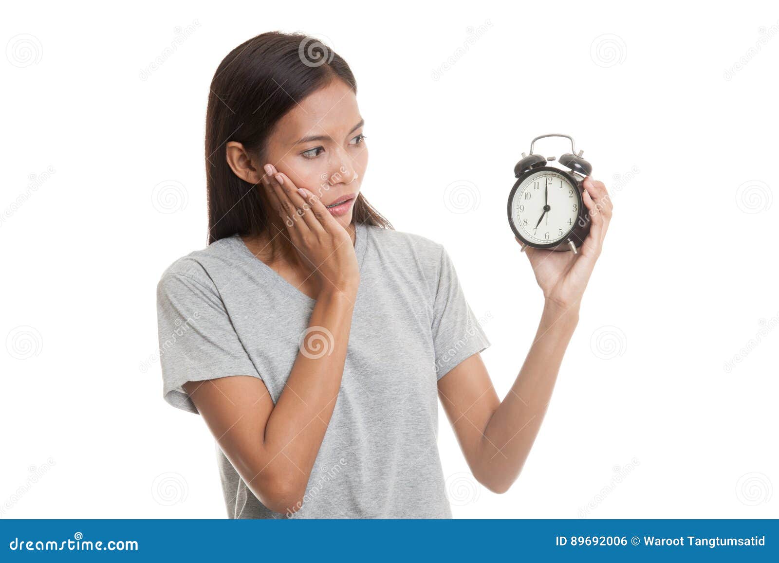 Young Asian Woman is Stressed with a Clock. Stock Photo - Image of ...