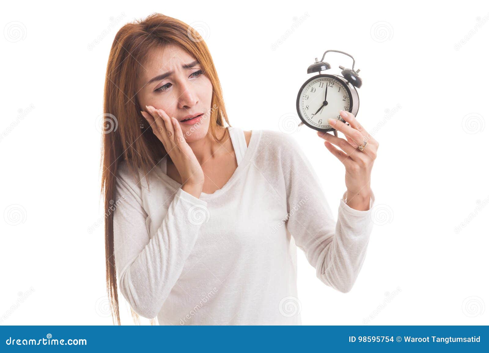 Young Asian Woman is Stressed with a Clock. Stock Photo - Image of ...