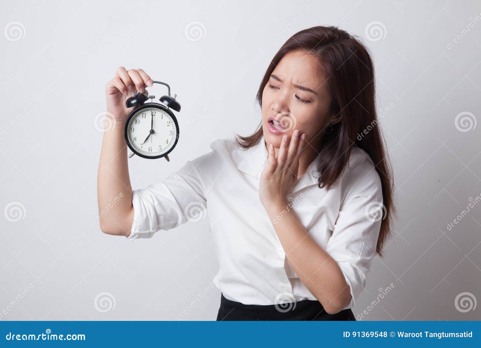 Young Asian Woman is Stressed with a Clock. Stock Photo - Image of late ...