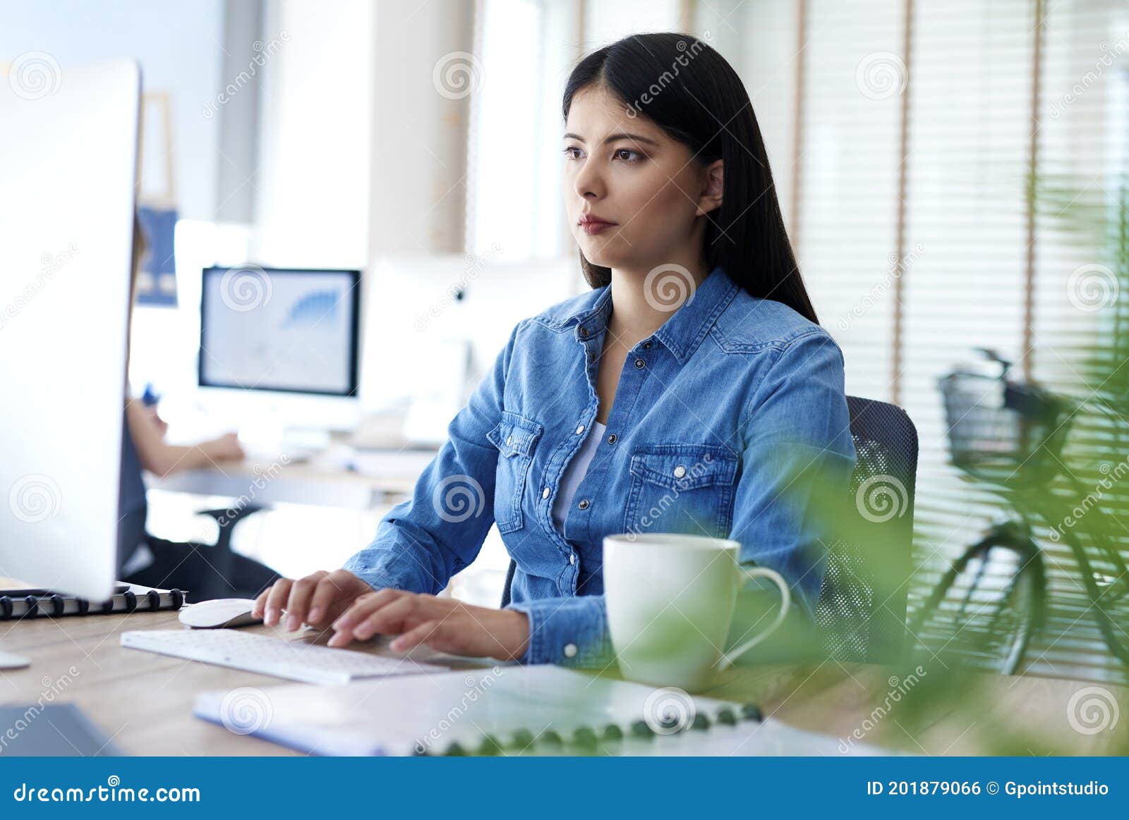 Asian Woman Typing on Computer Keyboard Stock Photo - Image of looking ...