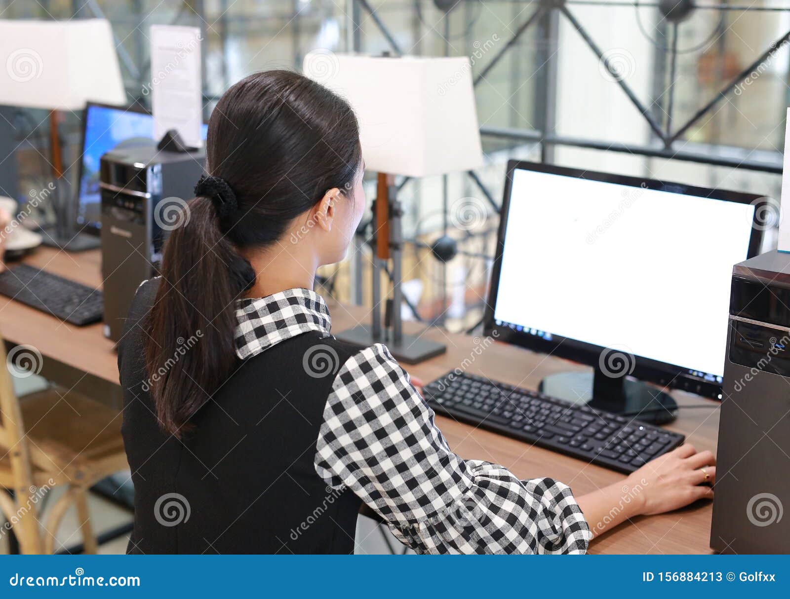 Young Asian Woman Using Desktop Computer in the Library Stock Image ...