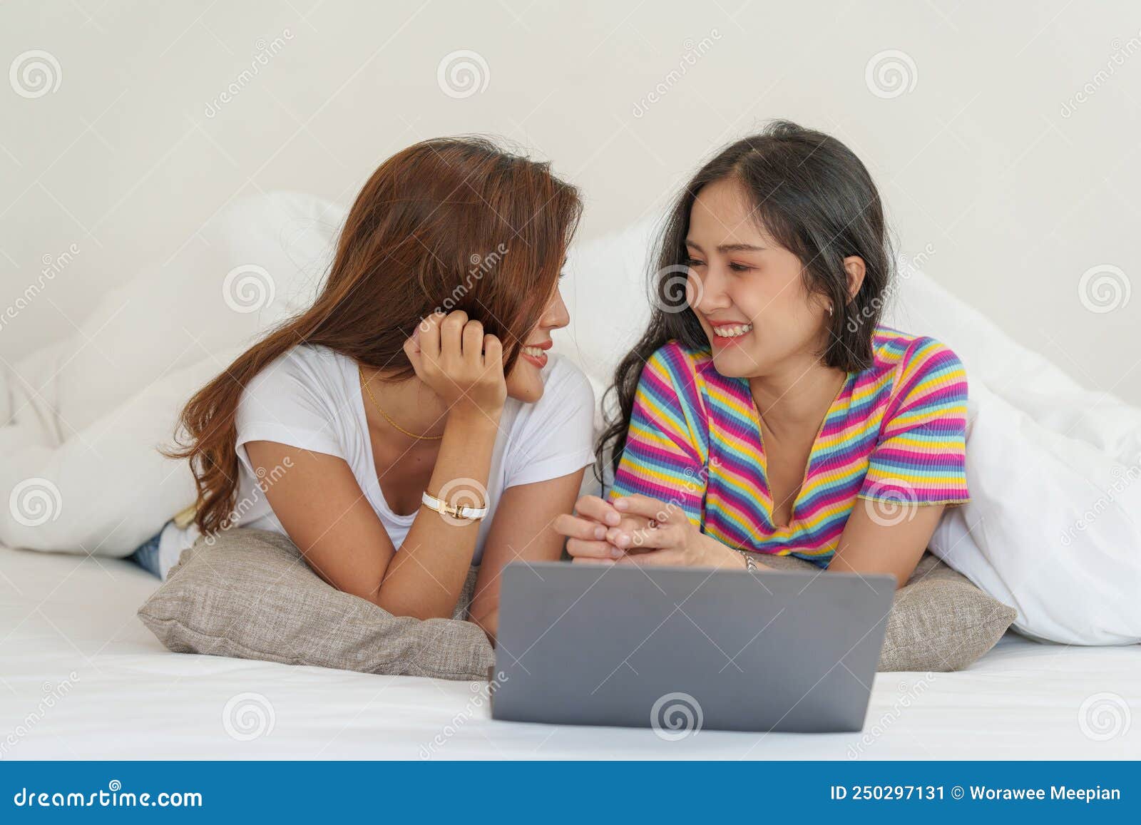 Young Asian Women Lgbt Lesbian Couple Love Moments Happiness At Bedroom