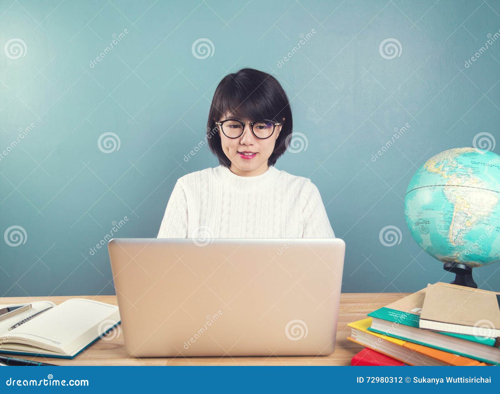 Young Asian Women Use Computer for Learning. Stock Photo - Image of ...