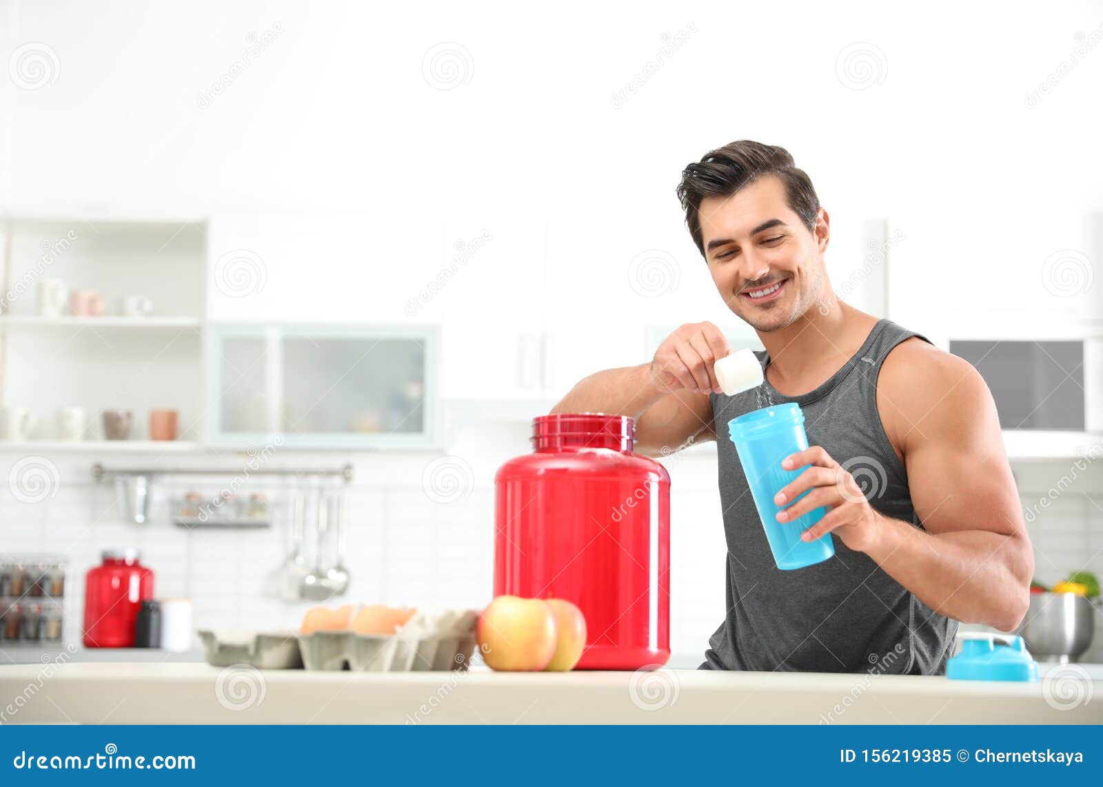 Young Athletic Man Preparing Protein Shake in Kitchen Stock Image ...