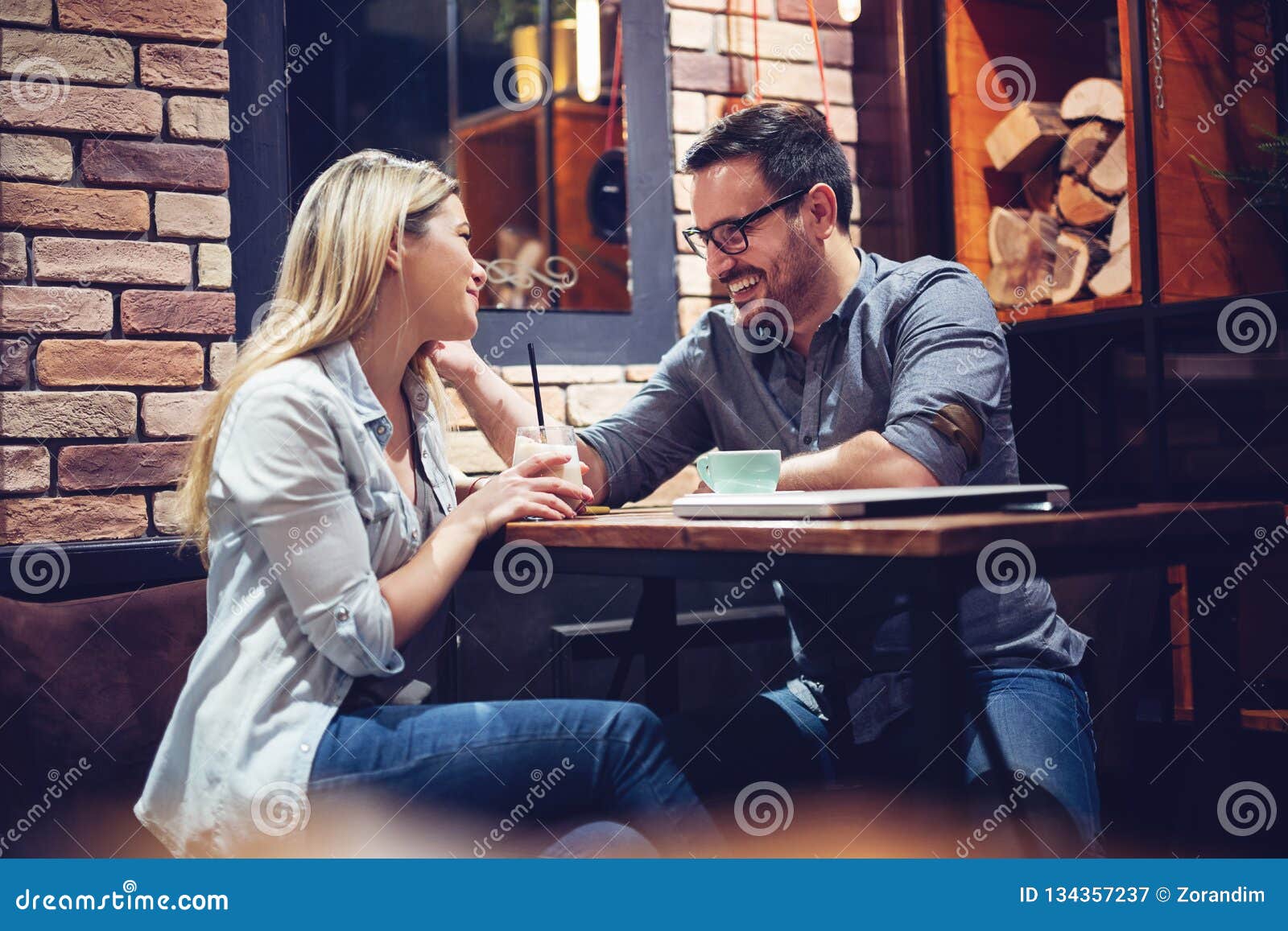 Young Attractive Couple Flirting in Cafe Stock Image - Image of female ...