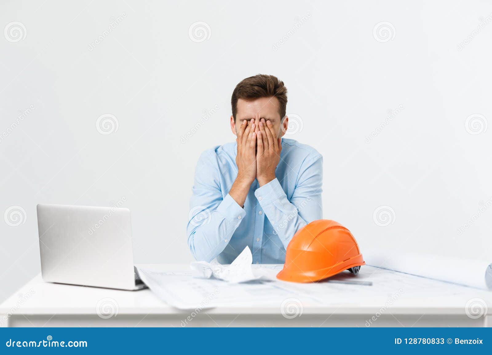 Young Attractive Engineer Man Feeling Tired at Work Place Stock Image ...